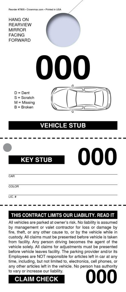 7805 - Valet Parking Ticket Classic Hanging-3 Part - Crownmax.com