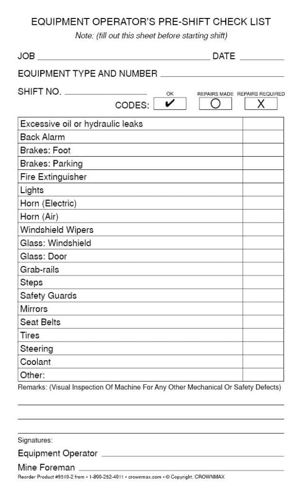 9510 - Equipment Operator Pre-Shift Checklist - Crownmax.com